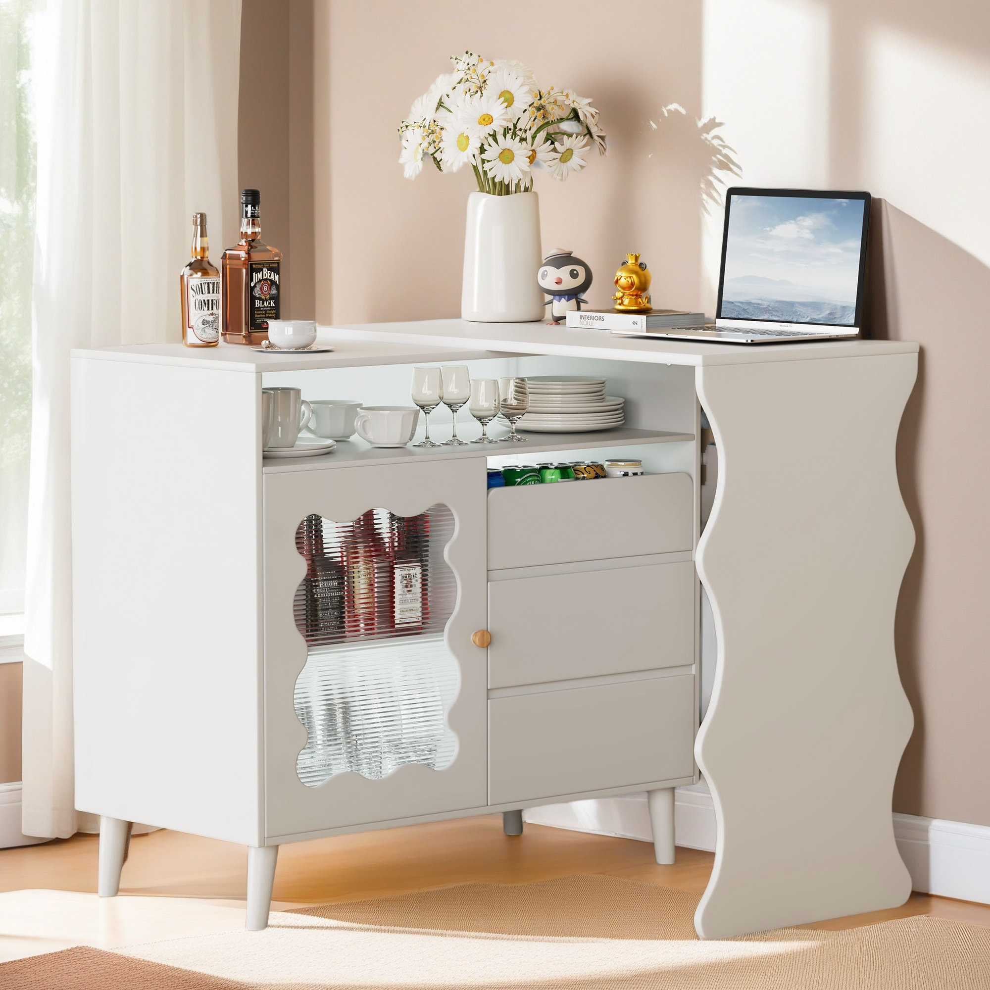 Ebern Designs 41"-79" LED L-Shaped Modern Farmhouse Sideboard Buffet Cabinet, Wood Buffet ...